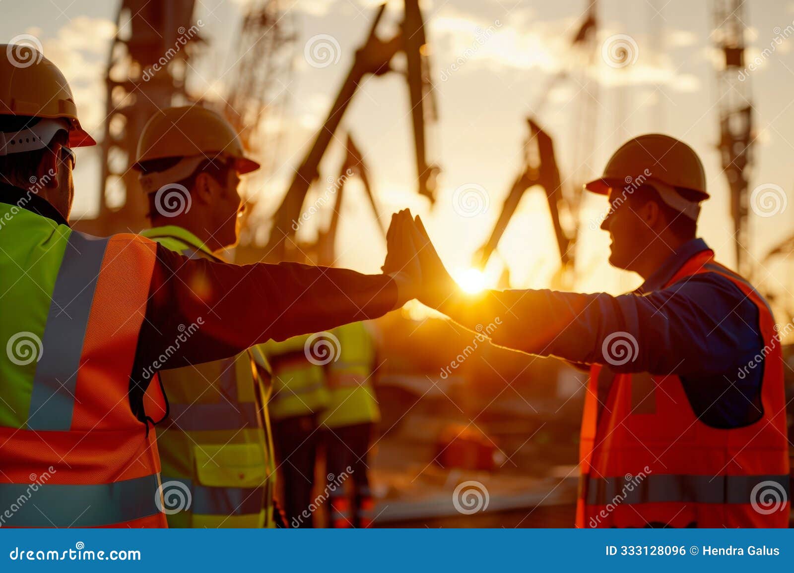 Construction Workers Giving High-five at Construction Site during ...