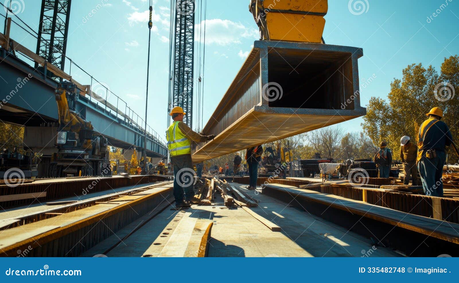 Construction Workers Guiding a Large Steel Beam into Place on a Bridge ...