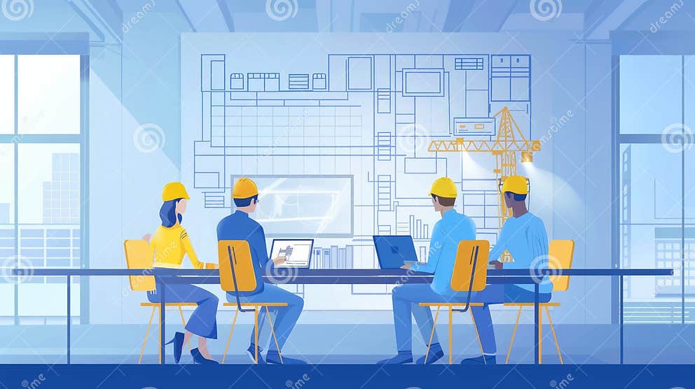 Construction Workers Having a Meeting Around a Table with Blueprints on ...