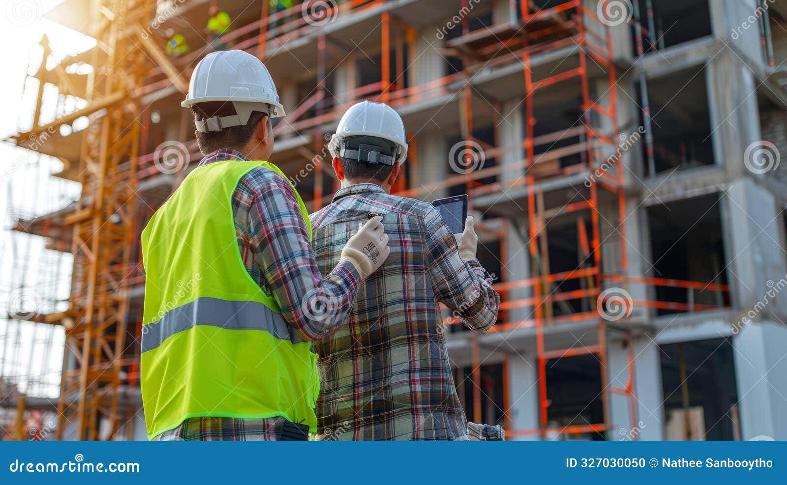Construction Workers with Helmets and Safety Vests Inspect a Building ...