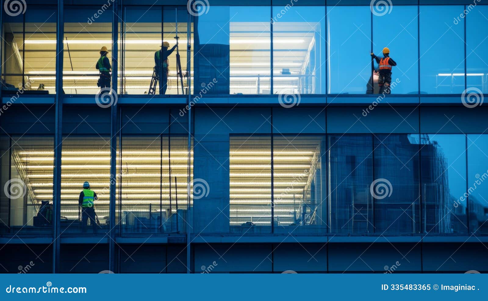 Construction Workers on a High-Rise Building at Dusk Stock Illustration ...