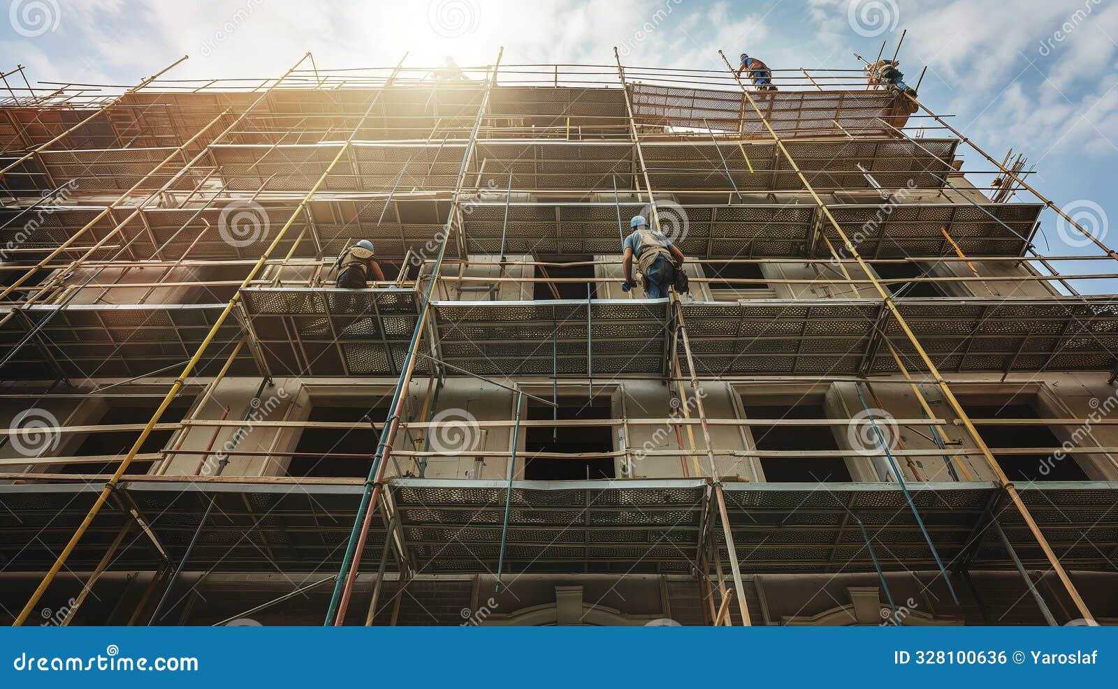 Construction Workers on High-rise Scaffolding, Safety Equipment, Urban ...