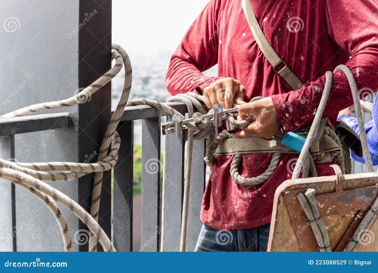 Construction Workers Holding Steel Hooks Connecting with Rope for Self ...