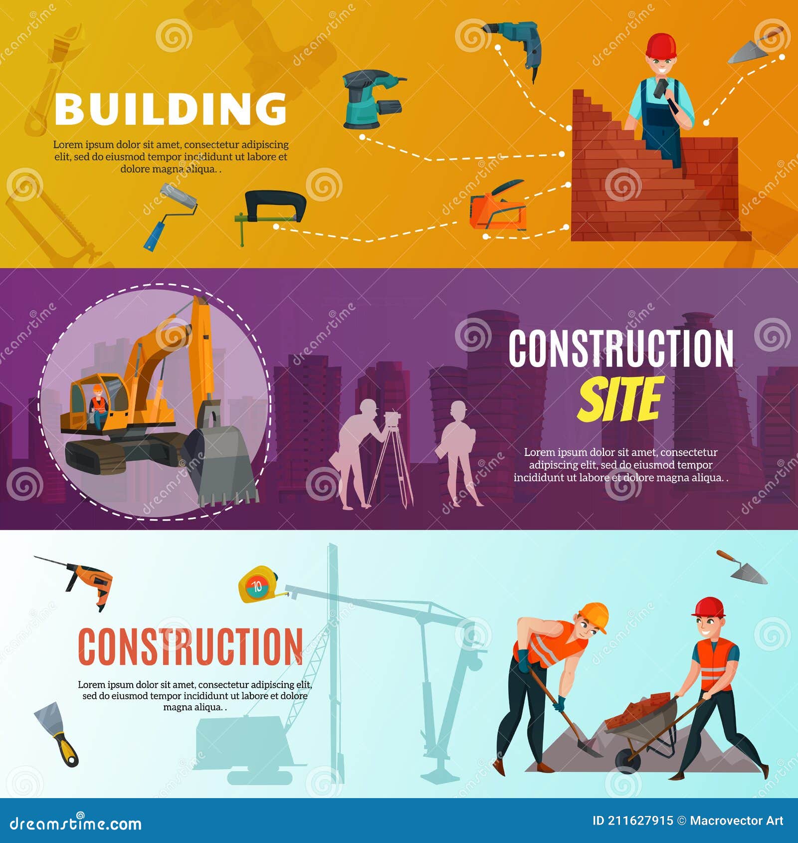 Construction Workers Horizontal Banners Stock Vector - Illustration of ...