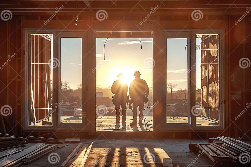 Construction Workers Inside Building Watching Sunrise or Sunset Stock ...