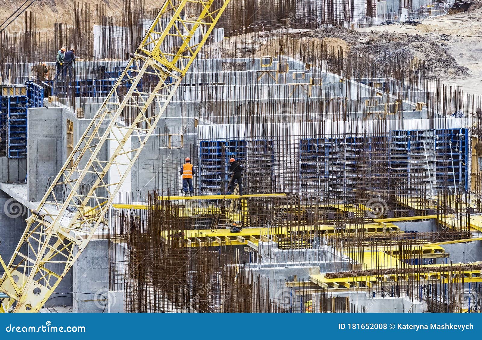 Construction Workers Install Formwork and Iron Rebars or Reinforcing ...