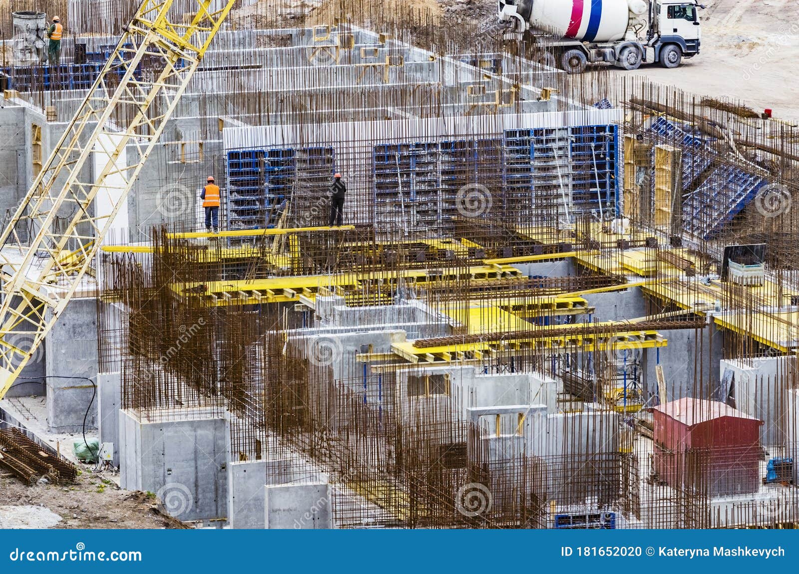Construction Workers Install Formwork and Iron Rebars or Reinforcing ...
