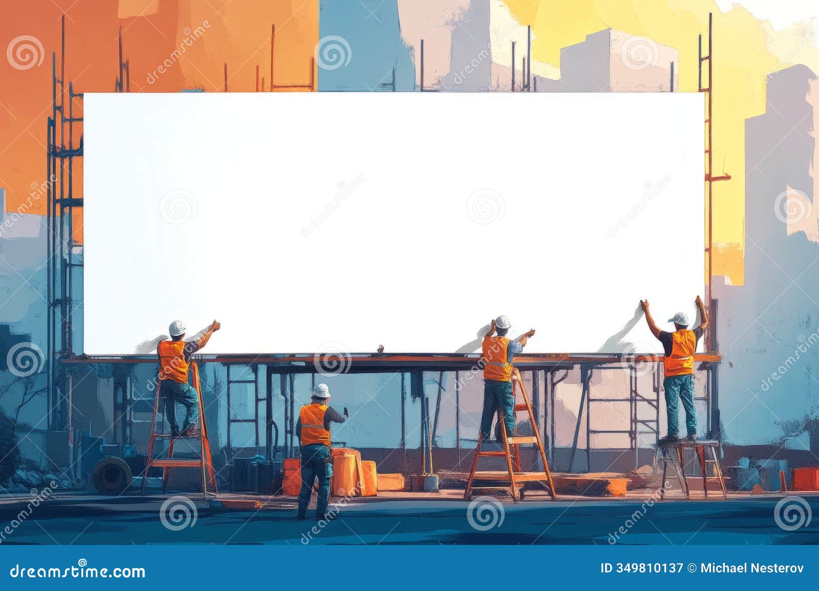 Construction Workers Installing Big Billboard on Building Site. Copy ...