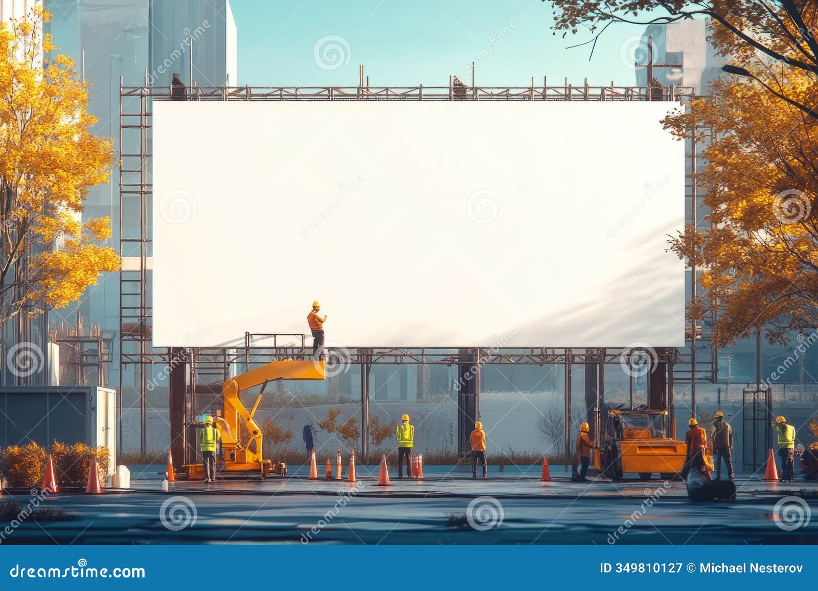 Construction Workers Installing Big Billboard in the City Stock Image ...