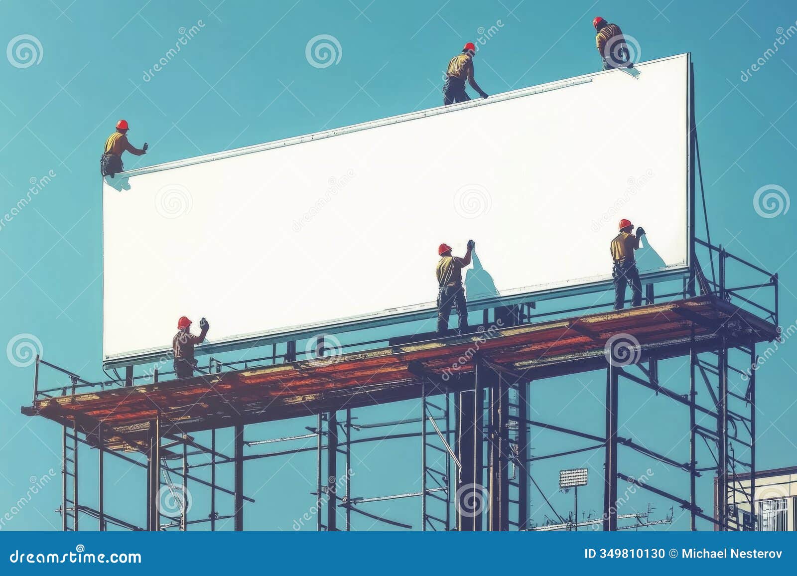 Construction Workers Installing Big Blank Billboard on Scaffolding ...