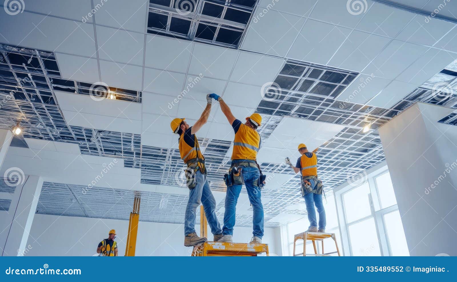 Construction Workers Installing Ceiling Tiles Stock Illustration ...