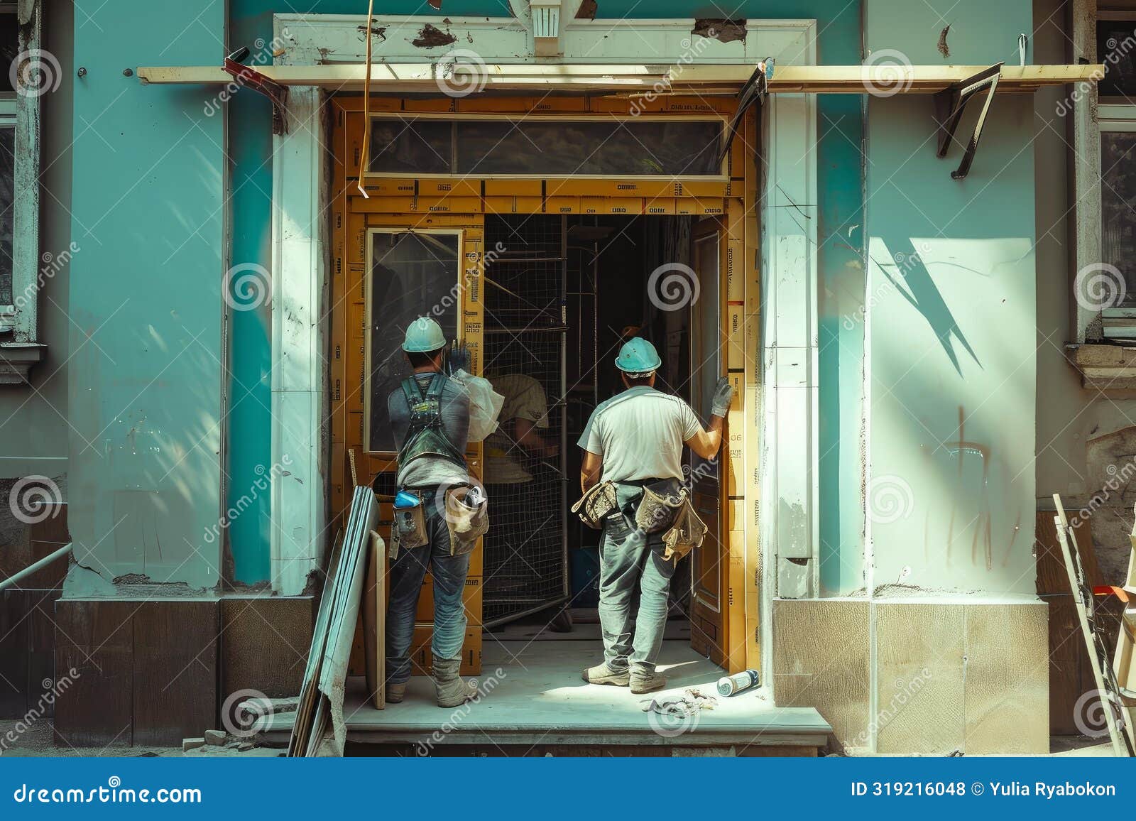 Construction Workers Installing a Door Frame Stock Photo - Image of ...