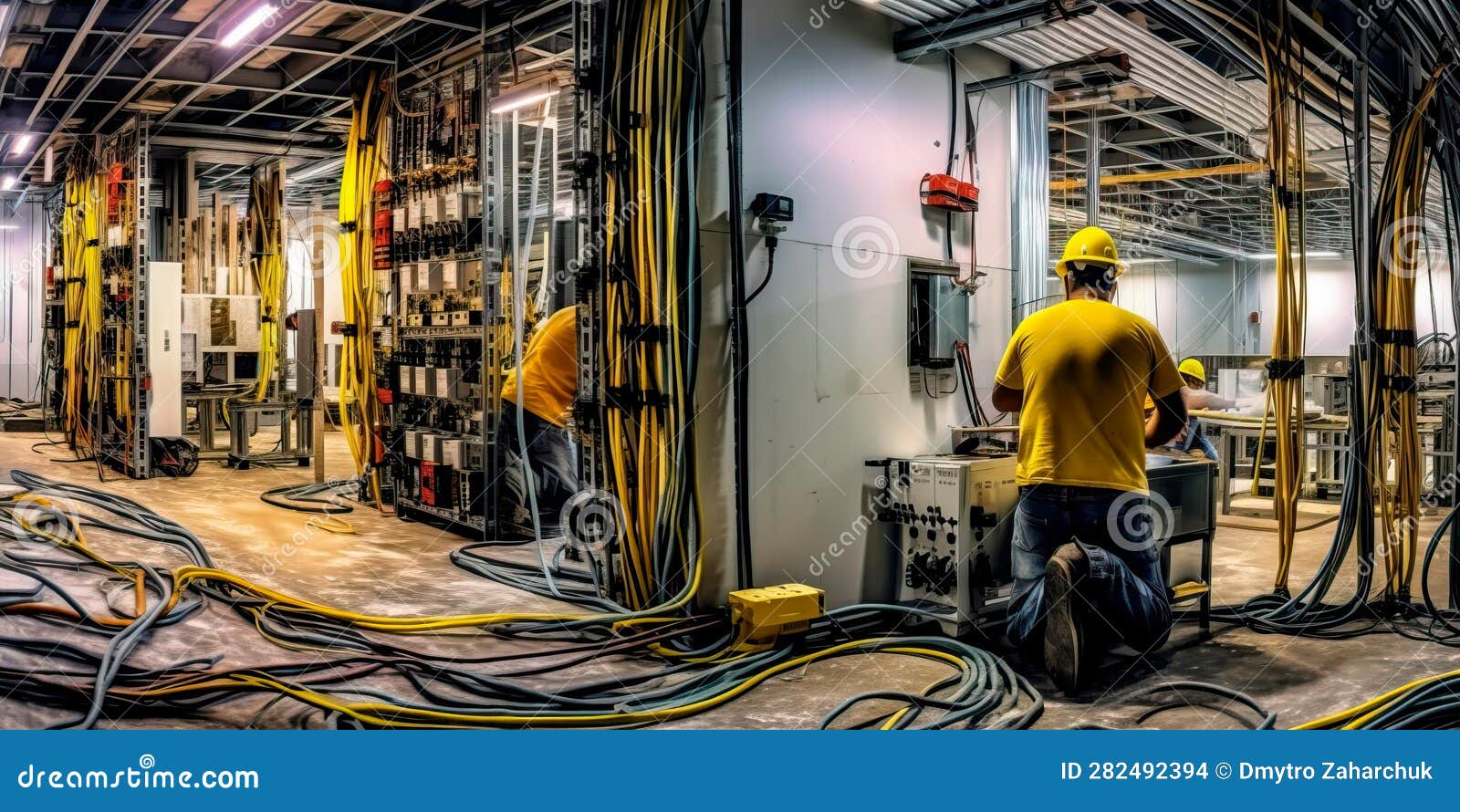 Construction Workers Installing Electrical Systems and Wiring in a ...