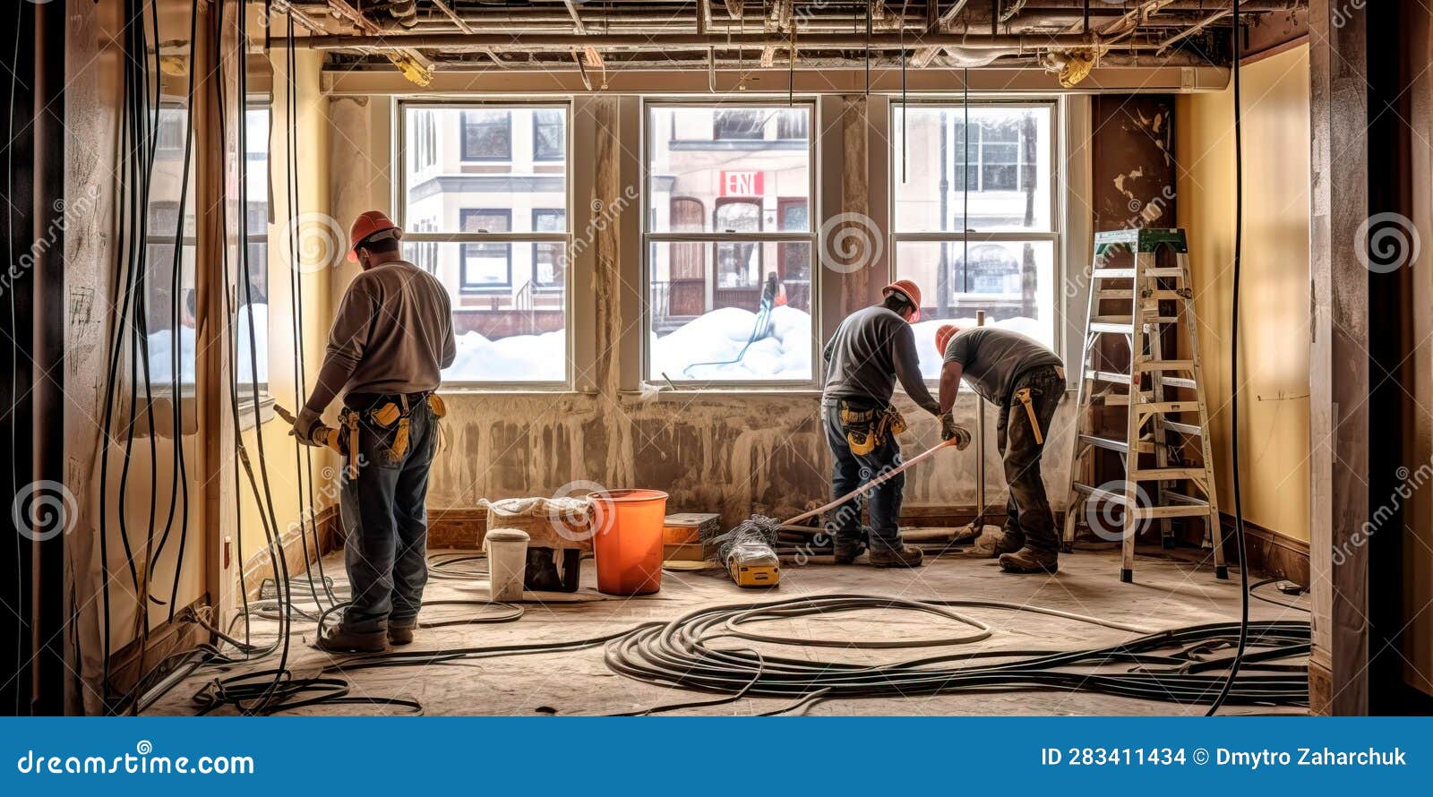 Construction Workers Installing Electrical Systems and Wiring in a ...