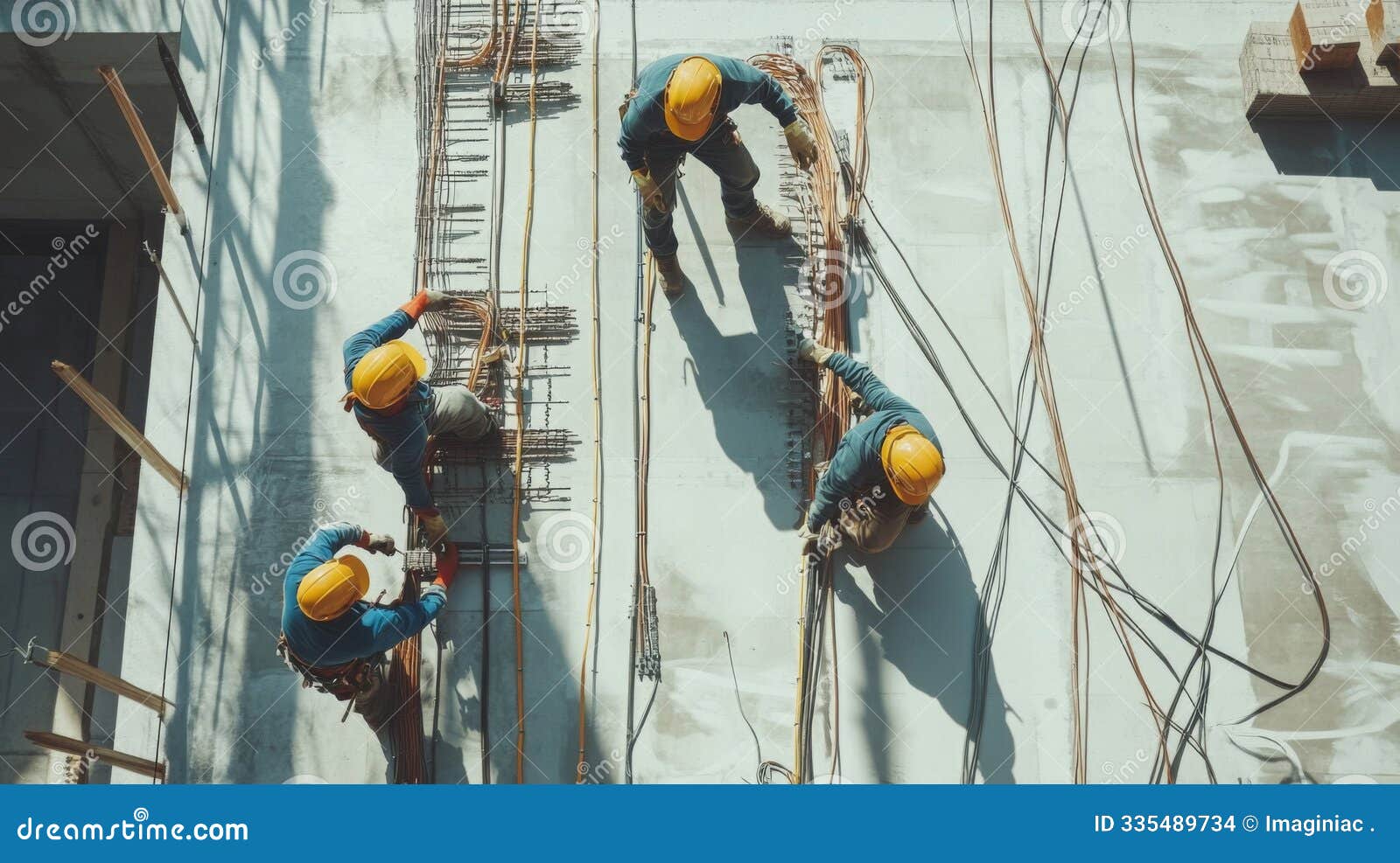 Construction Workers Installing Electrical Wiring on Concrete Wall ...