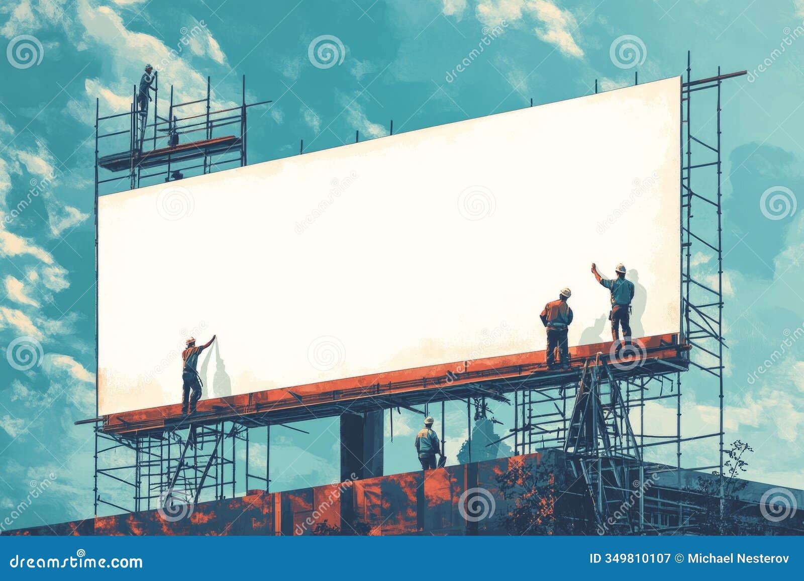 Construction Workers Installing a Large Blank Billboard on Scaffolding ...