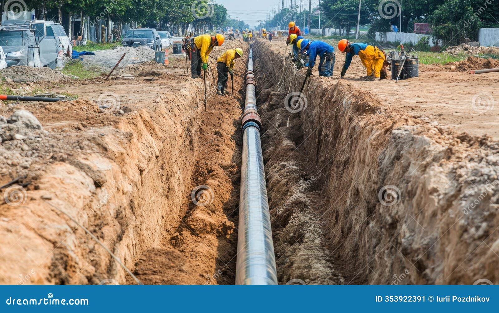 Construction Workers Installing Large Pipeline in Deep Trench Stock ...