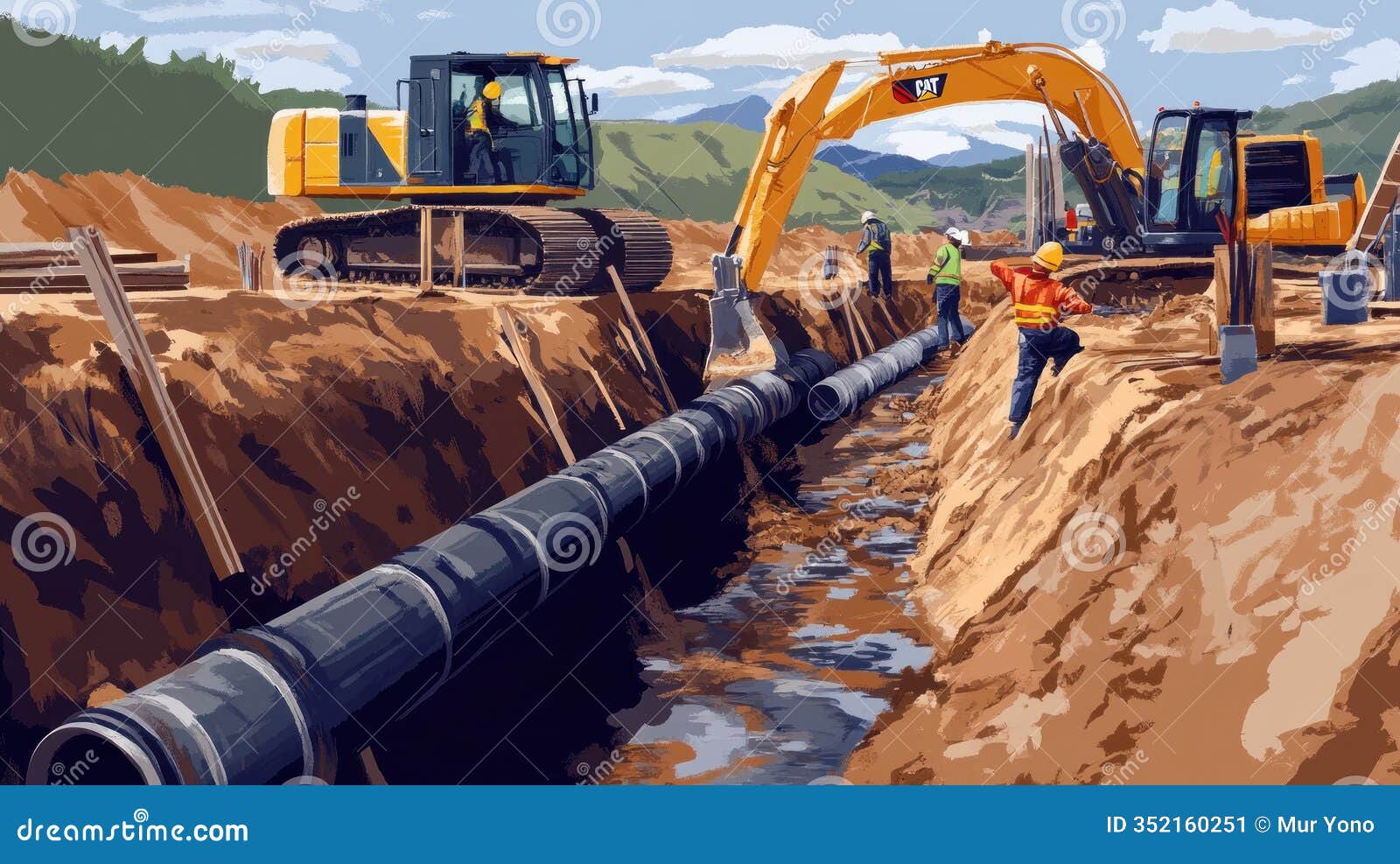 Construction Workers Installing Large Pipeline in Trench Stock Image ...