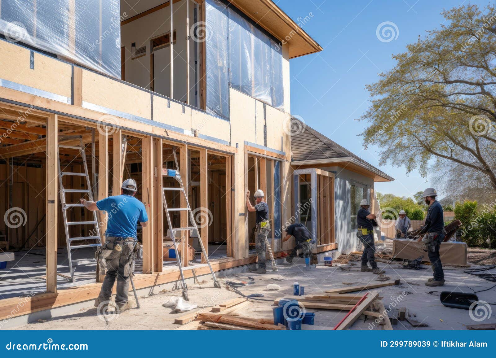 Construction Workers Installing a New House on a Construction Site in ...