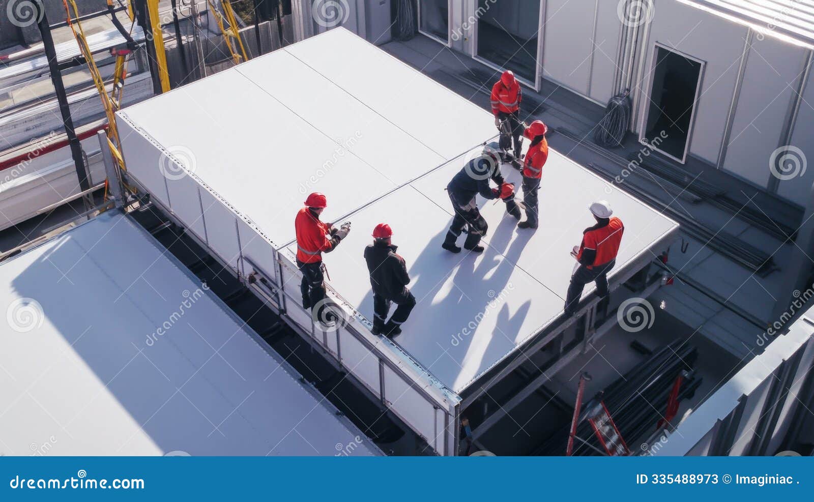 Construction Workers Installing Panels on a Roof Stock Illustration ...