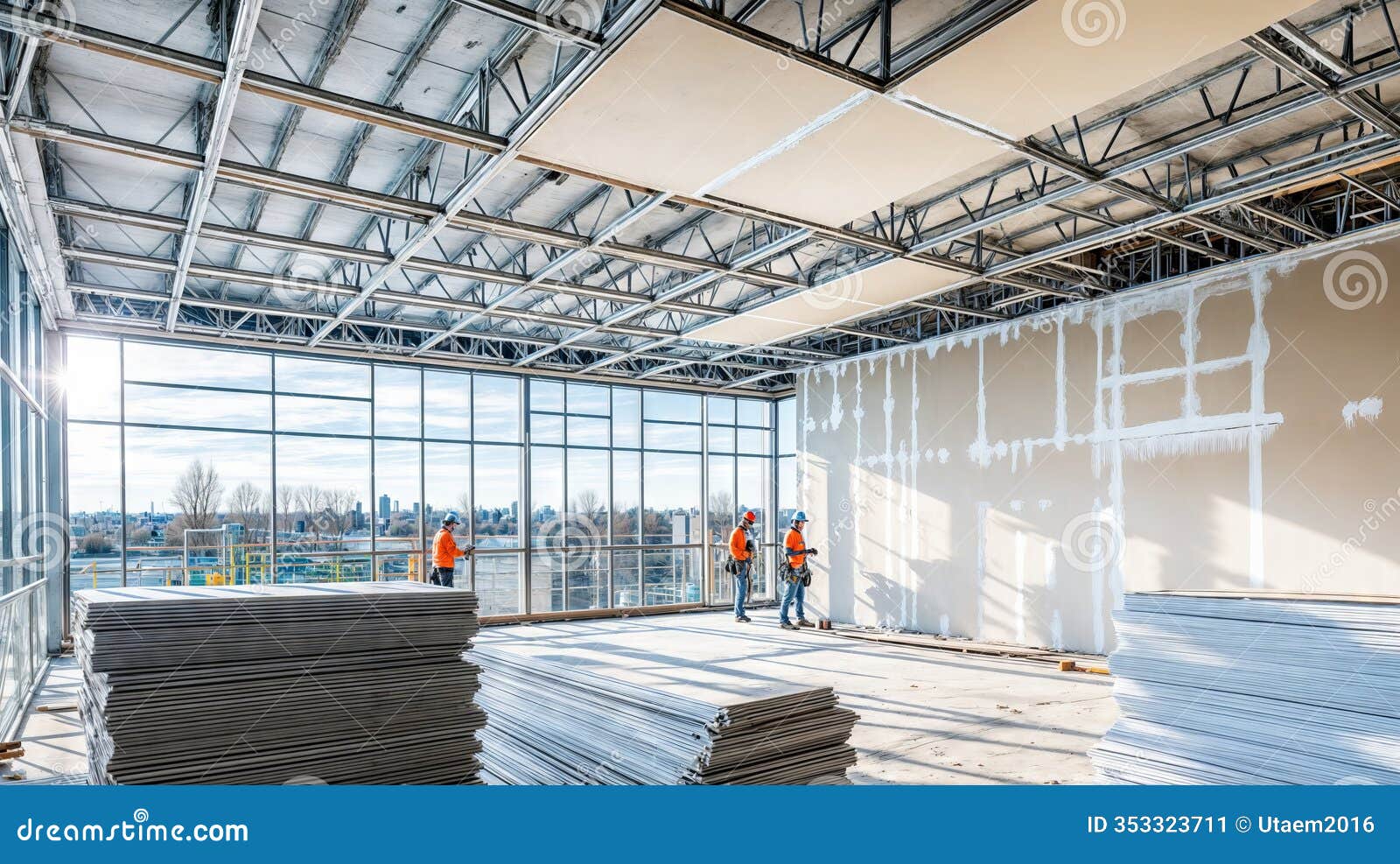 Construction Workers Installing Plasterboard in Modern Building Stock ...