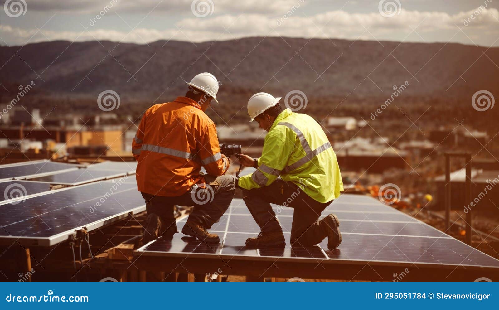 Construction Workers Installing Solar Panels on Site, Generative Ai ...
