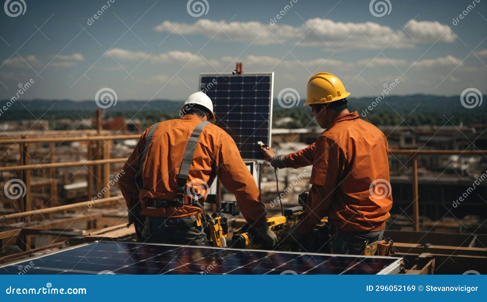 Construction Workers Installing Solar Panels on Site, Generative Ai ...