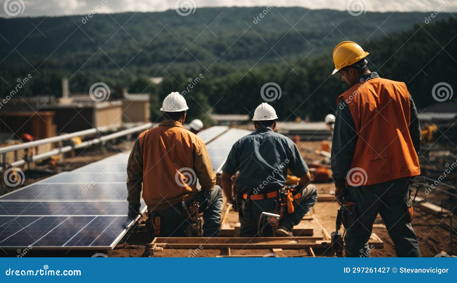Construction Workers Installing Solar Panels on Site, Generative Ai ...