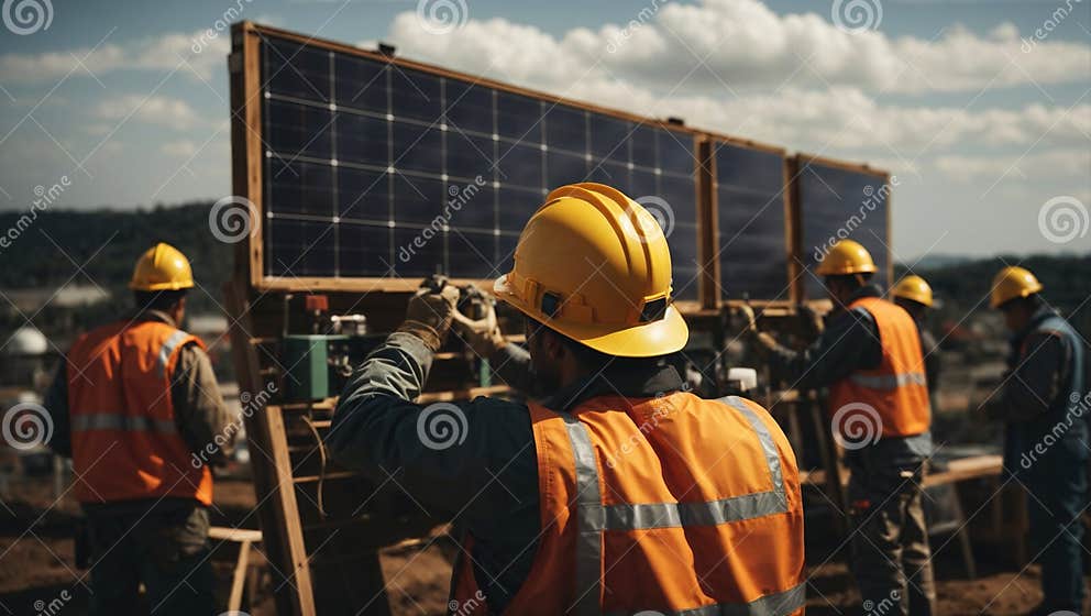 Construction Workers Installing Solar Panels on Site, Generative Ai ...
