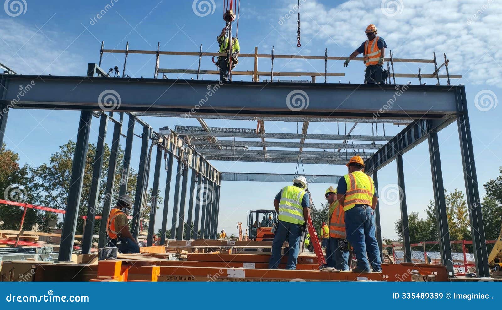 Construction Workers Installing Steel Beams on a Building Frame Stock ...