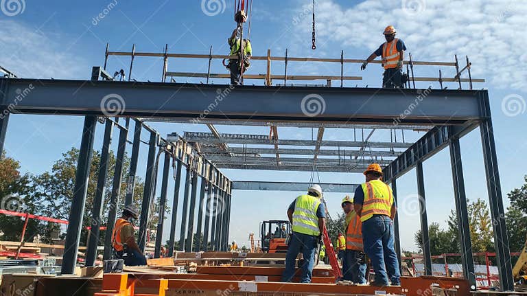 Construction Workers Installing Steel Beams on a Building Frame Stock ...