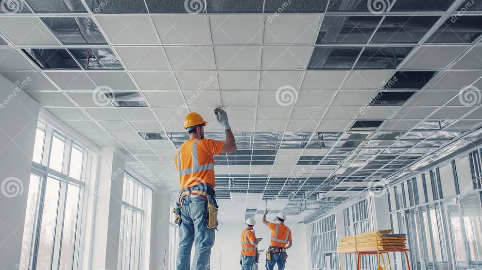 Construction Workers Installing Suspended Ceiling Tiles in a Commercial ...