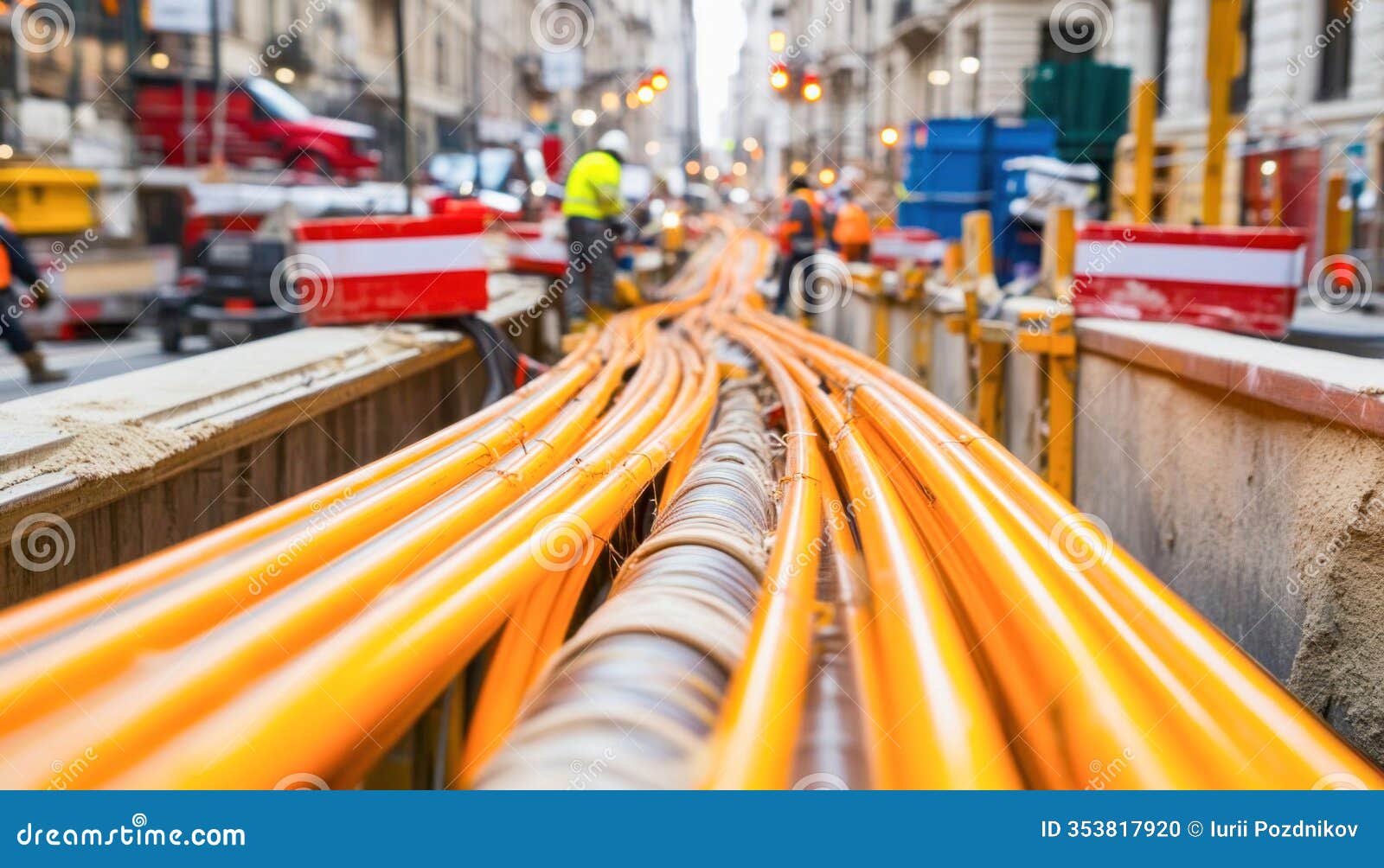 Construction Workers Installing Underground Cables in City Street Stock ...