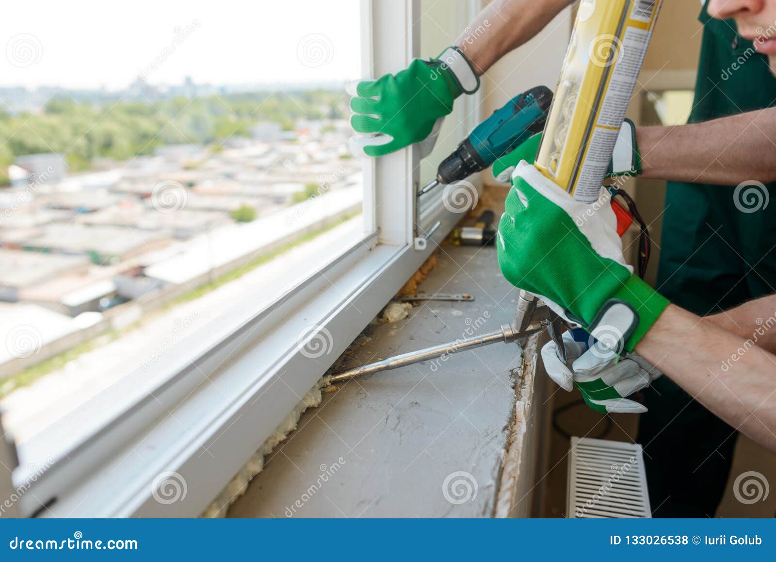 Construction Workers Installing A Window Stock Photo - Image of ...