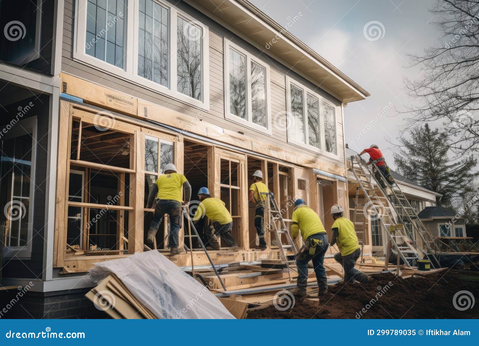 Construction Workers Installing a Wooden Frame House on a Residential ...