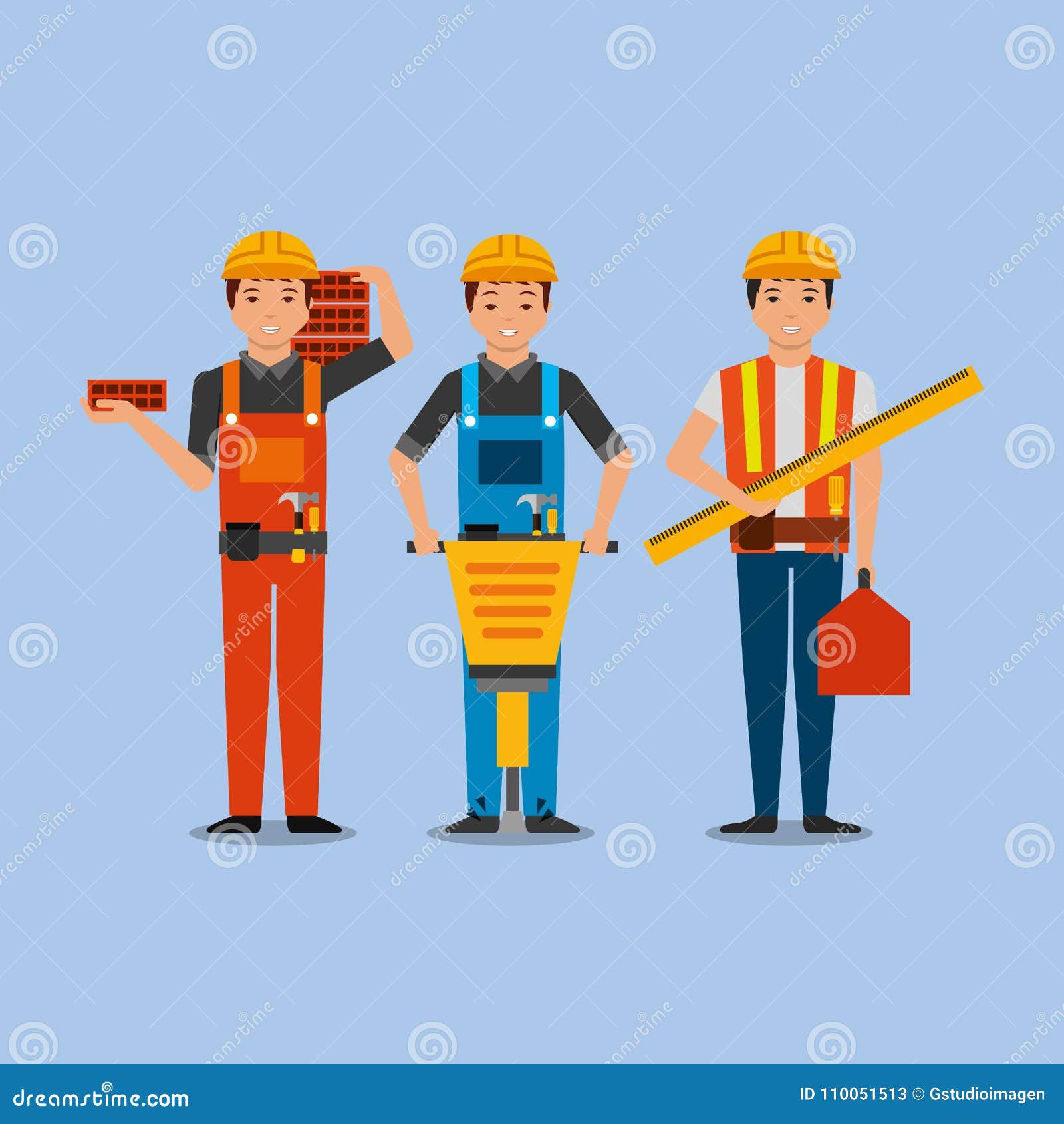 Construction Workers with Jackhammer Bricks Toolkit Stock Vector ...