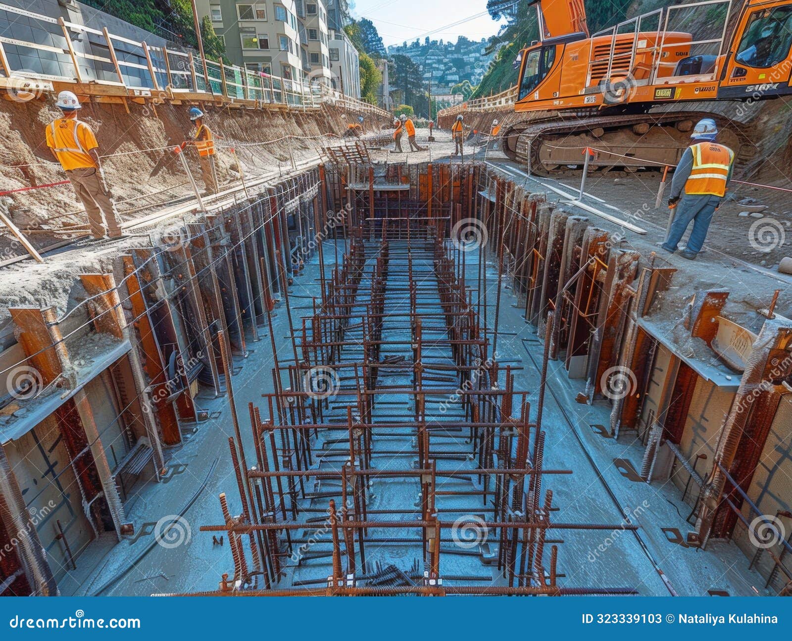 Construction Workers at a Large Trench Project Site Stock Image - Image ...