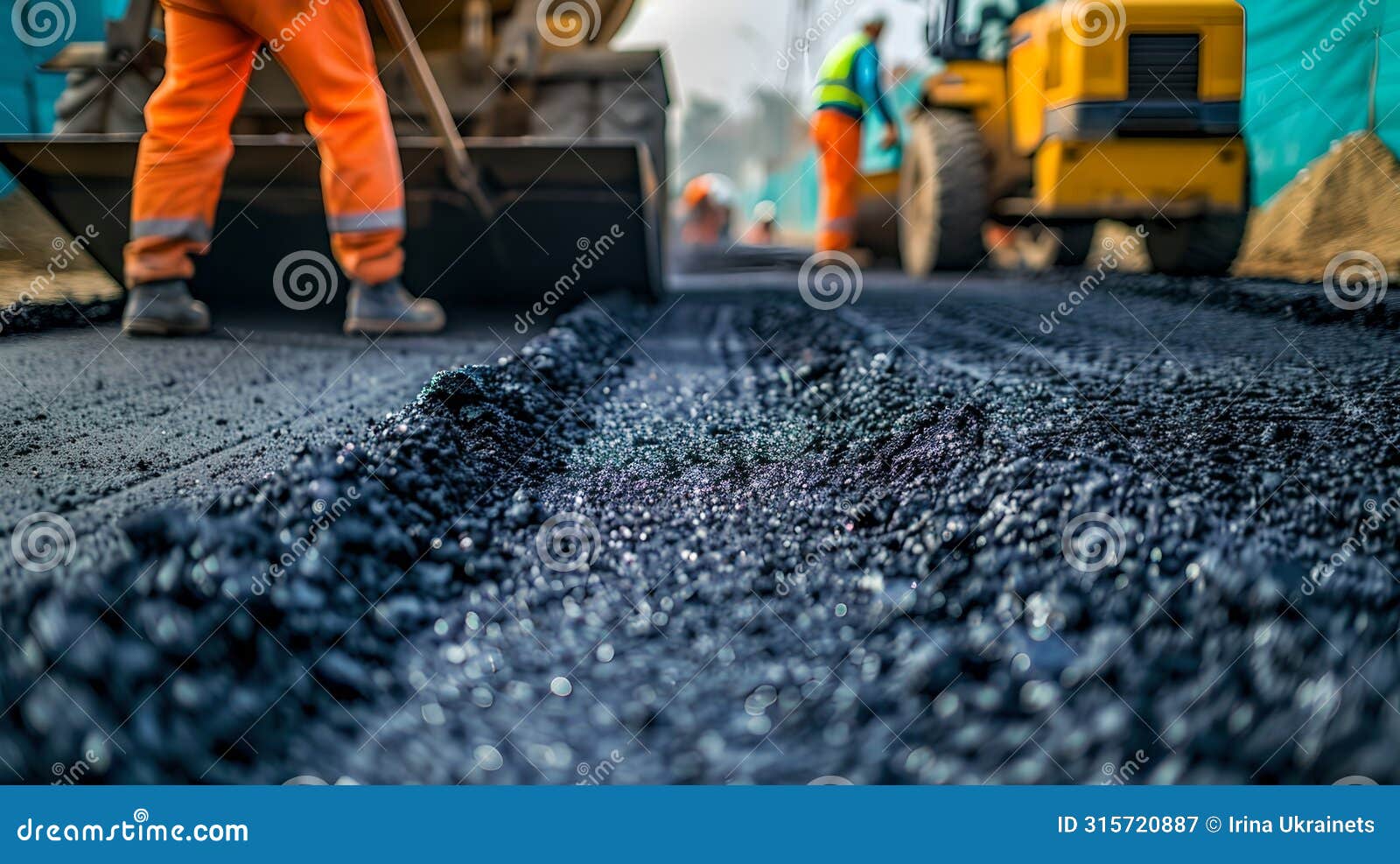 Construction Workers Lay Fresh Asphalt on Road. Urban Development ...
