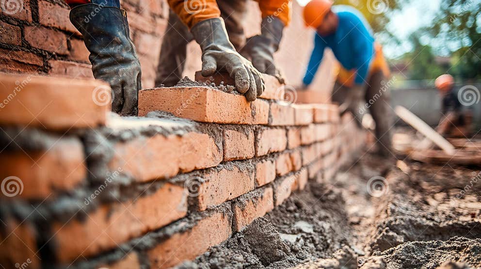 Construction Workers Laying Bricks on a Wall Stock Illustration ...