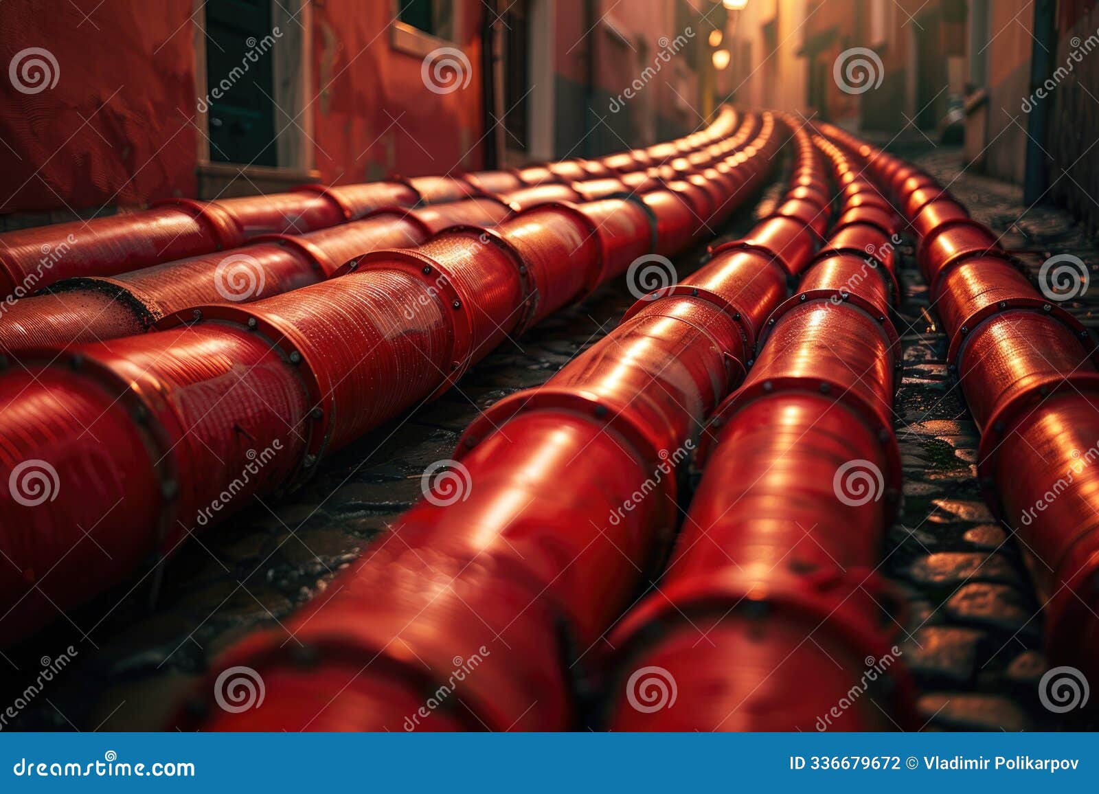 Construction Workers Laying Down a Long Line of Red Pipes on a Street ...
