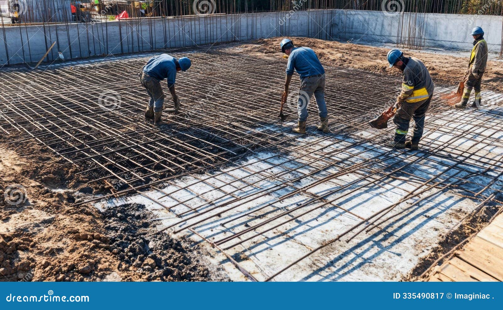 Construction Workers Laying Rebar Mesh on a Concrete Foundation Stock ...