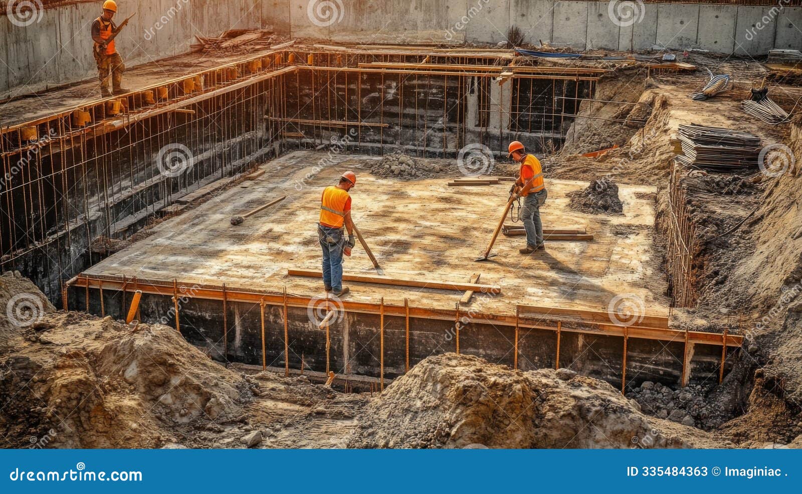 Construction Workers Leveling Concrete at a Construction Site Stock ...