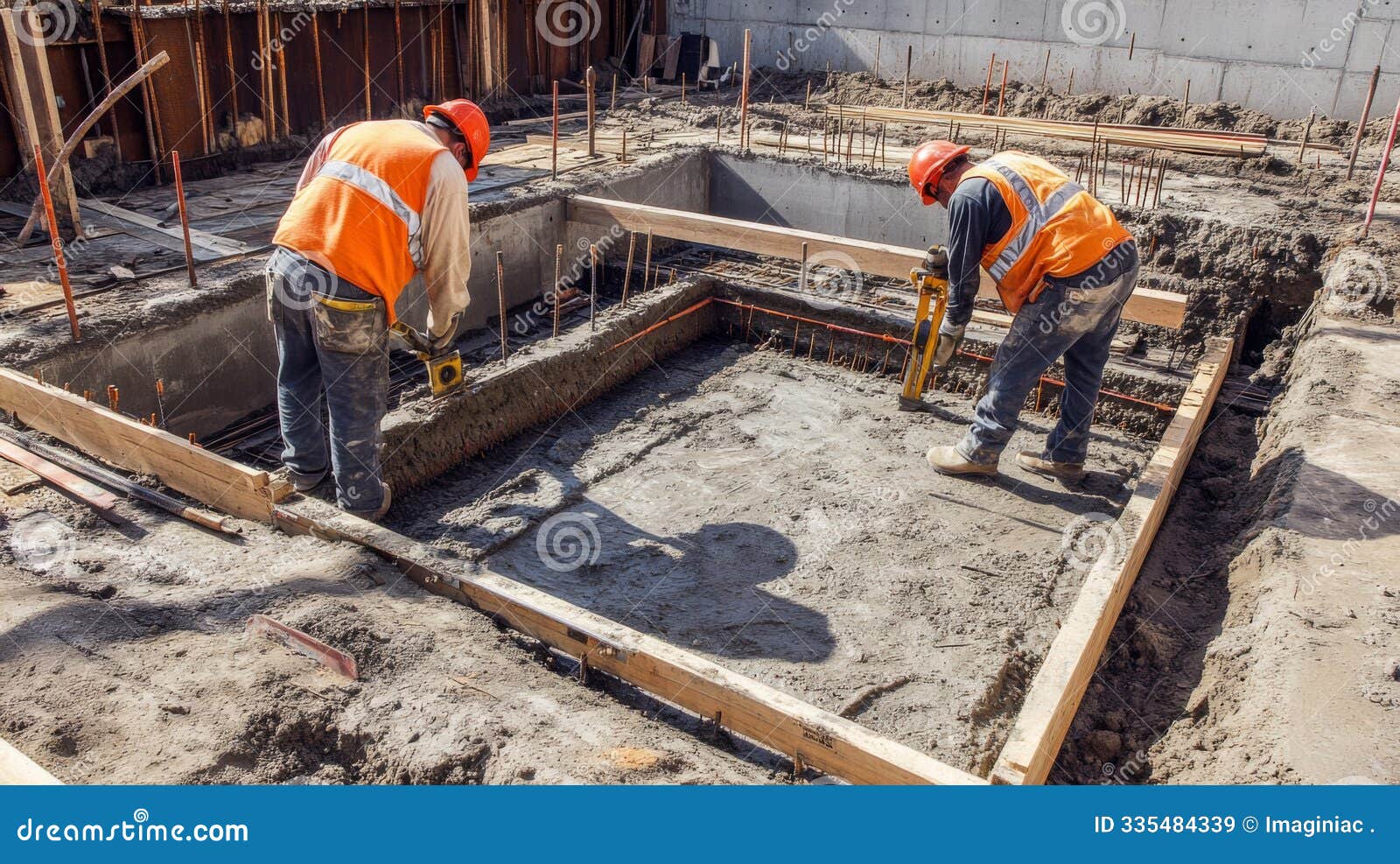 Construction Workers Leveling Wet Concrete in a Foundation Stock ...