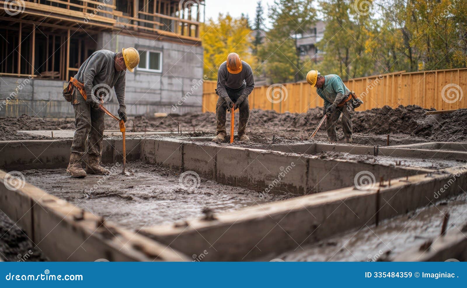 Construction Workers Leveling Wet Concrete Foundation Stock ...
