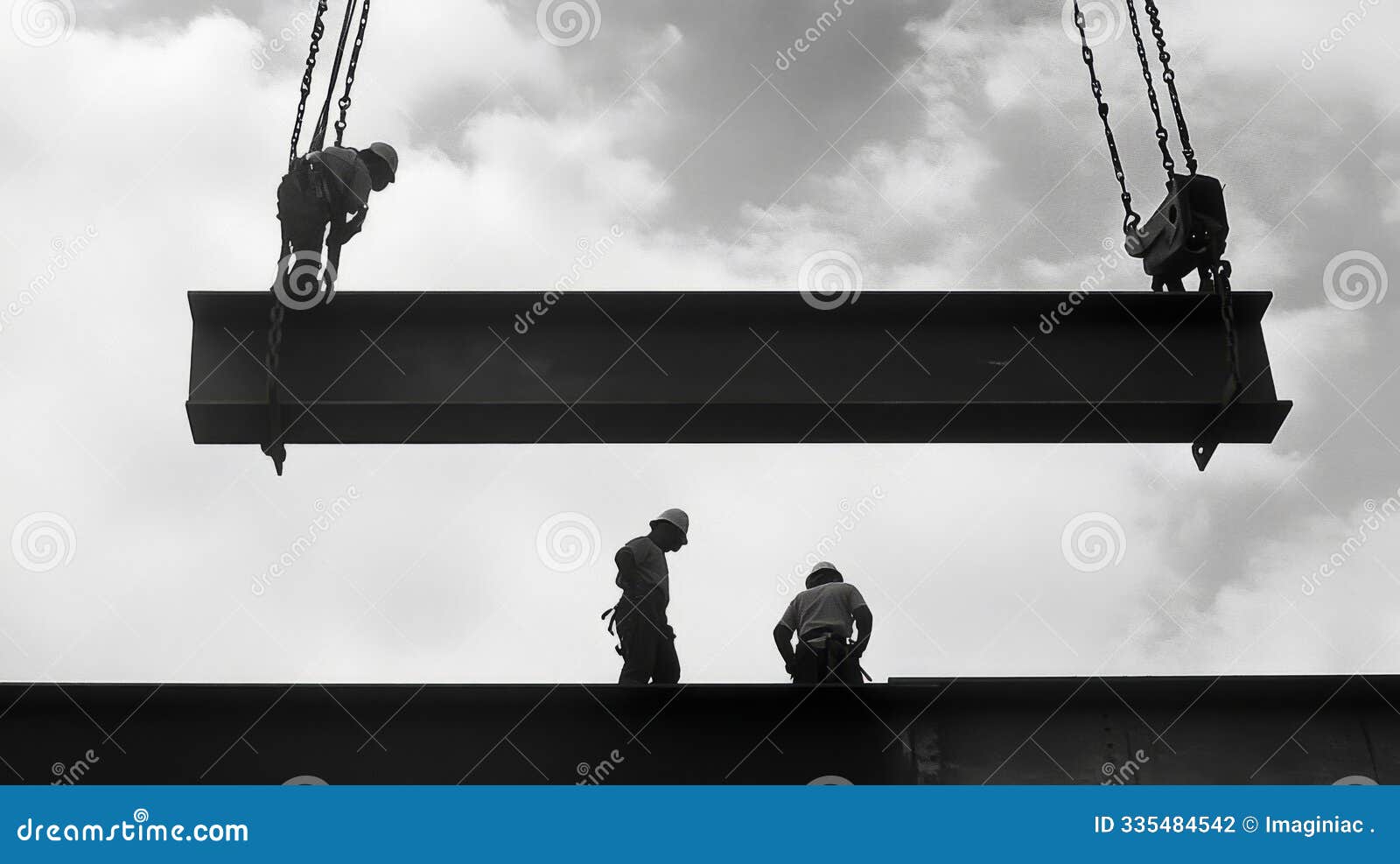 Construction Workers Lifting a Large Steel Beam with a Crane Stock ...