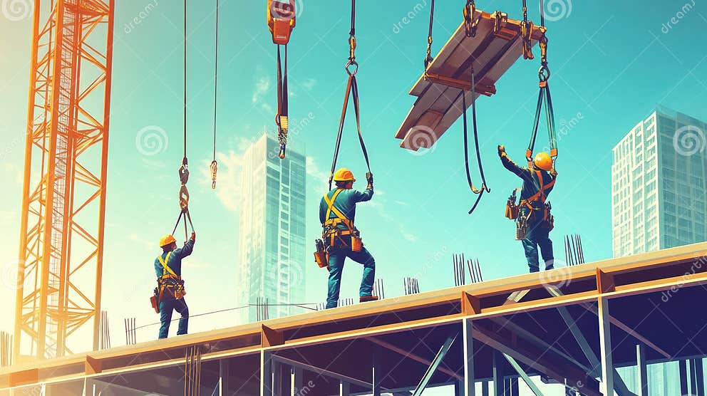 Construction Workers Lifting Materials on a High-rise Building Site ...