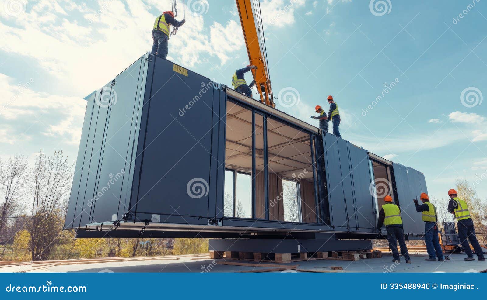 Construction Workers Lifting a Prefabricated Modular Home Section Stock ...