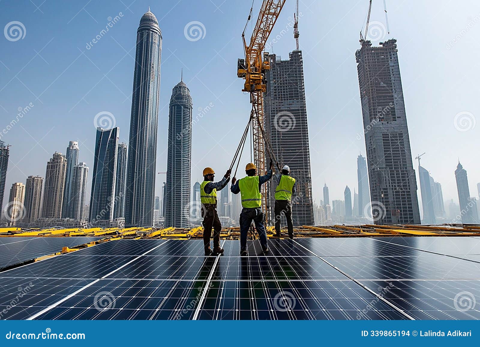 Construction Workers Lifting Solar Panels with a Crane Stock ...