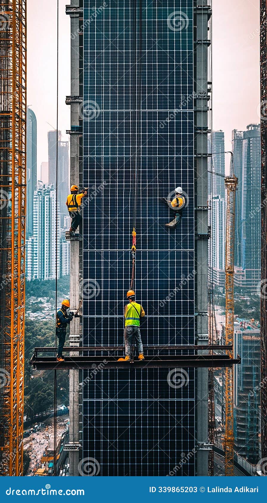 Construction Workers Lifting Solar Panels with a Crane Stock ...
