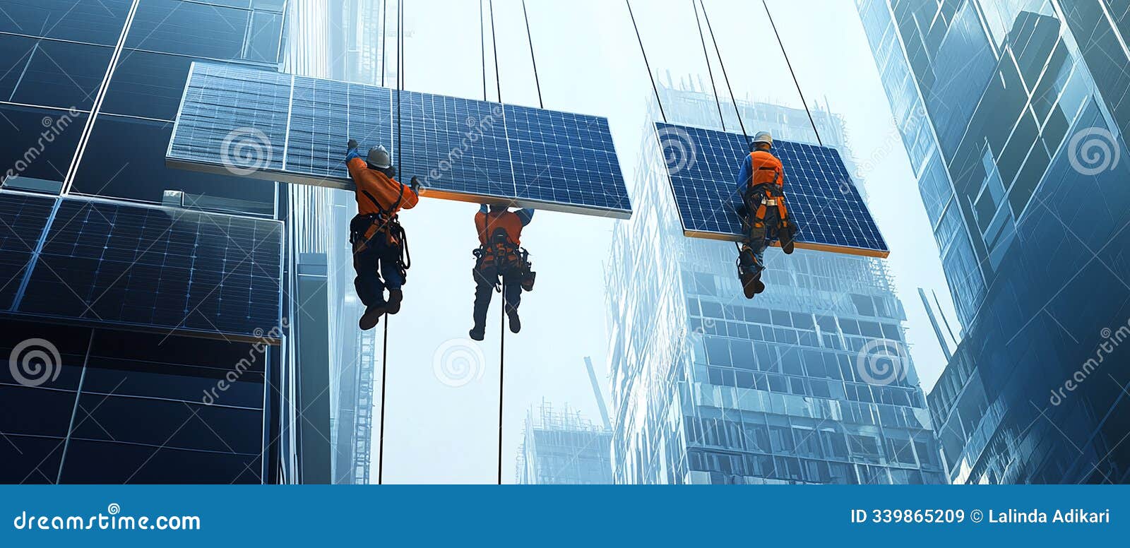 Construction Workers Lifting Solar Panels with a Crane Stock ...